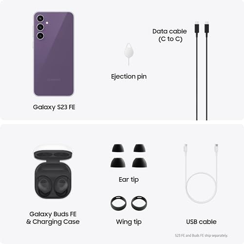 SAMSUNG Galaxy S23 FE Cell Phone (Purple) + $49.99 Buds FE (Graphite) 256GB Unlocked Android Smartphone w/ Long Battery Life and True Wireless Bluetooth Earbuds w/ Wing Tip Design, US Version, 2023