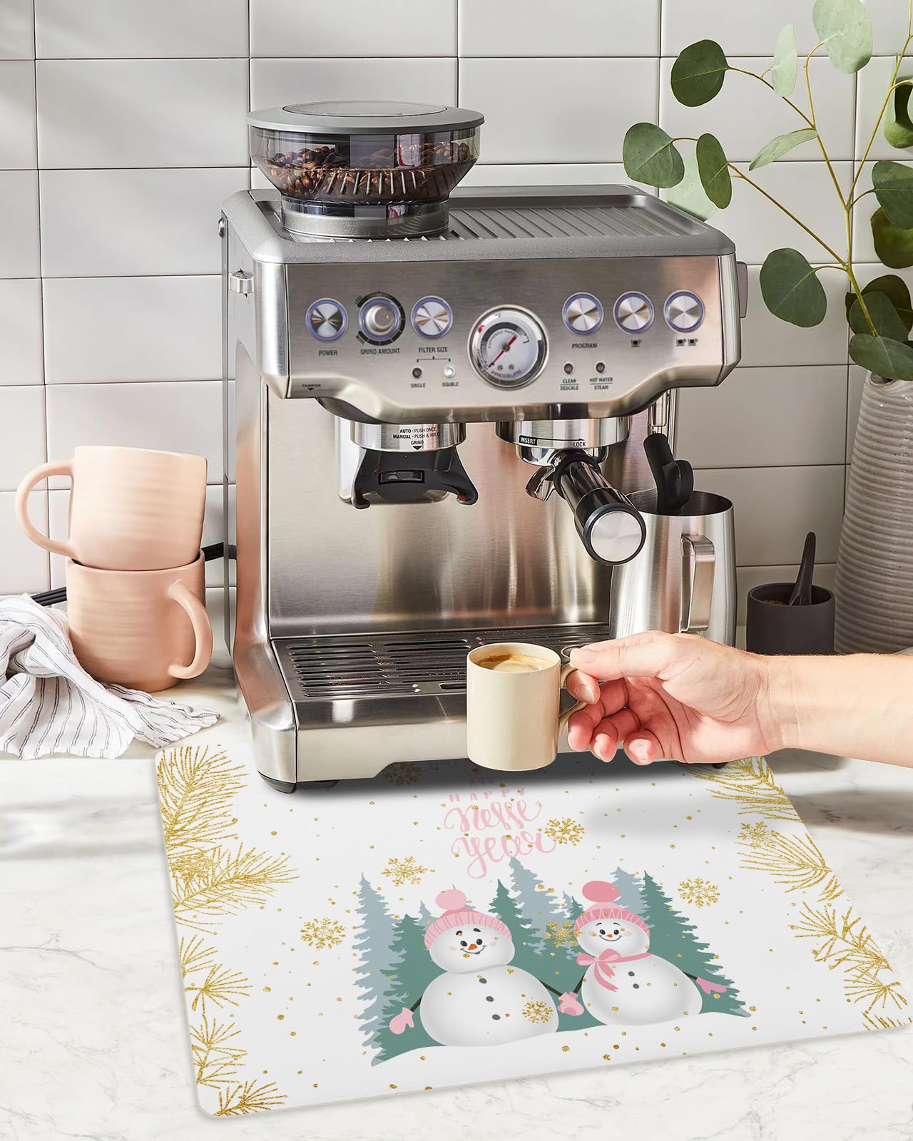 Coffee Mat for Counter,Merry Christmas Happy New Year Pink Snowman Gold Snowflake Absorbent Hide Stain Coffee Bar Mat,Non-slip Coffee Bar Accessories Kitchen Drying Mat Fit Under Coffee Maker