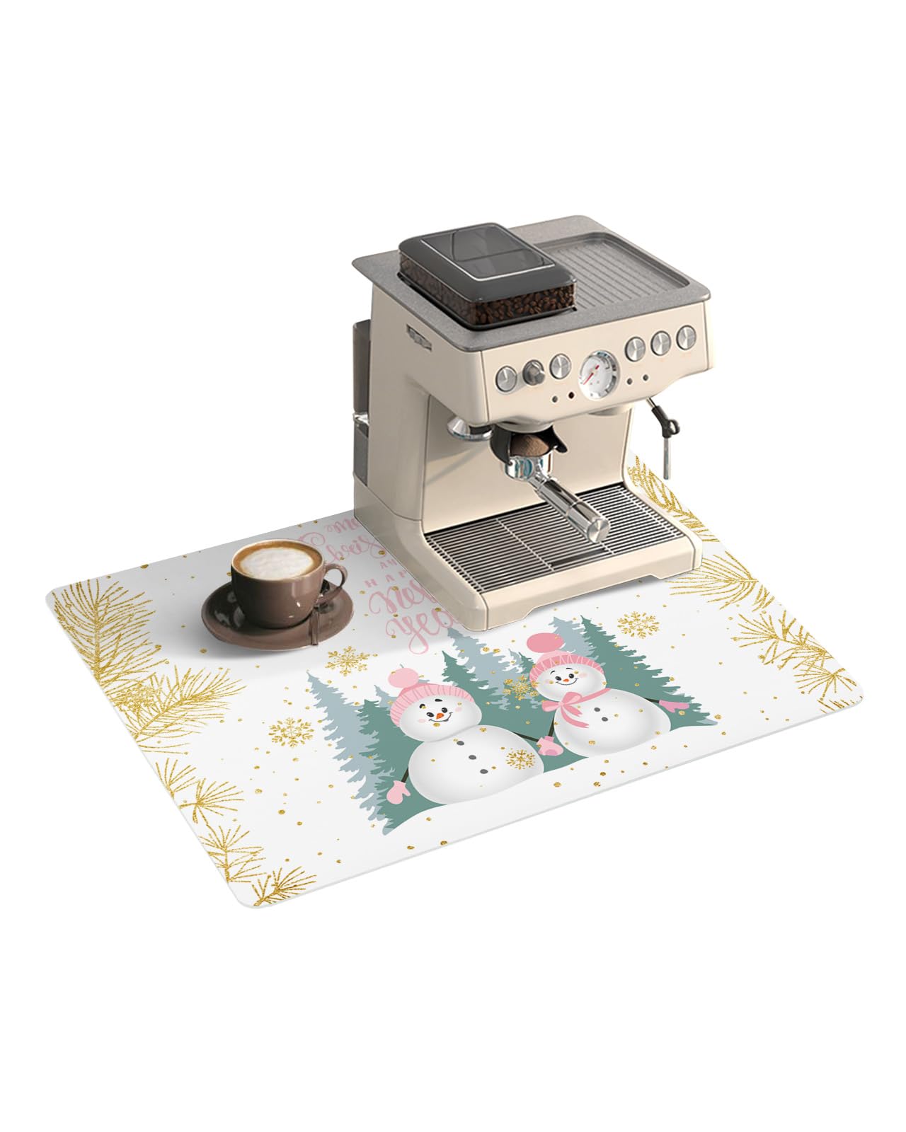 Coffee Mat for Counter,Merry Christmas Happy New Year Pink Snowman Gold Snowflake Absorbent Hide Stain Coffee Bar Mat,Non-slip Coffee Bar Accessories Kitchen Drying Mat Fit Under Coffee Maker