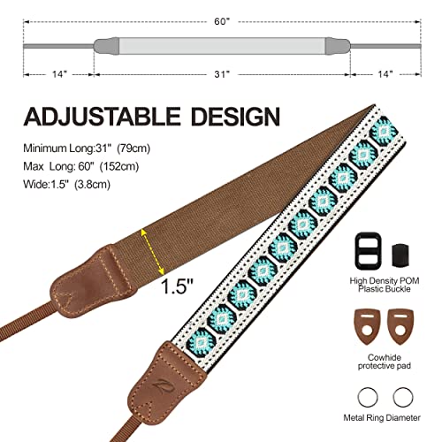 Camera Strap - 1.5" Cowhide Head Shoulder Neck Strap ,Retro Jacquard Embroidery Multi-pattern camera straps for Cameras and Binoculars,Cute Adjustable Thin Strap for Adults & Kids(Vintage White)