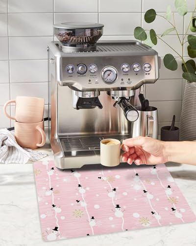 LaBLUUX Coffee Mat for Counter, Pink Christmas Snowman Snowflake Absorbent Hide Stain Coffee Bar Mat, Non-Slip Coffee Bar Accessories Kitchen Drying Mat Fit Under Coffee Maker Espresso Machine