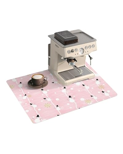 LaBLUUX Coffee Mat for Counter, Pink Christmas Snowman Snowflake Absorbent Hide Stain Coffee Bar Mat, Non-Slip Coffee Bar Accessories Kitchen Drying Mat Fit Under Coffee Maker Espresso Machine