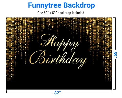 Funnytree 82" x 59" Happy Birthday Party Backdrop Black and Gold Glitter Bokeh Sequin Spots Photography Background Golden Sparkle Shining Dots Baby Abstract Milestone Banner Cake Table Decor Photo