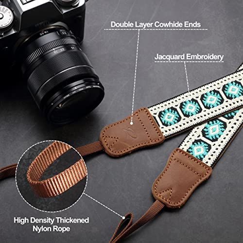 Camera Strap - 1.5" Cowhide Head Shoulder Neck Strap ,Retro Jacquard Embroidery Multi-pattern camera straps for Cameras and Binoculars,Cute Adjustable Thin Strap for Adults & Kids(Vintage White)