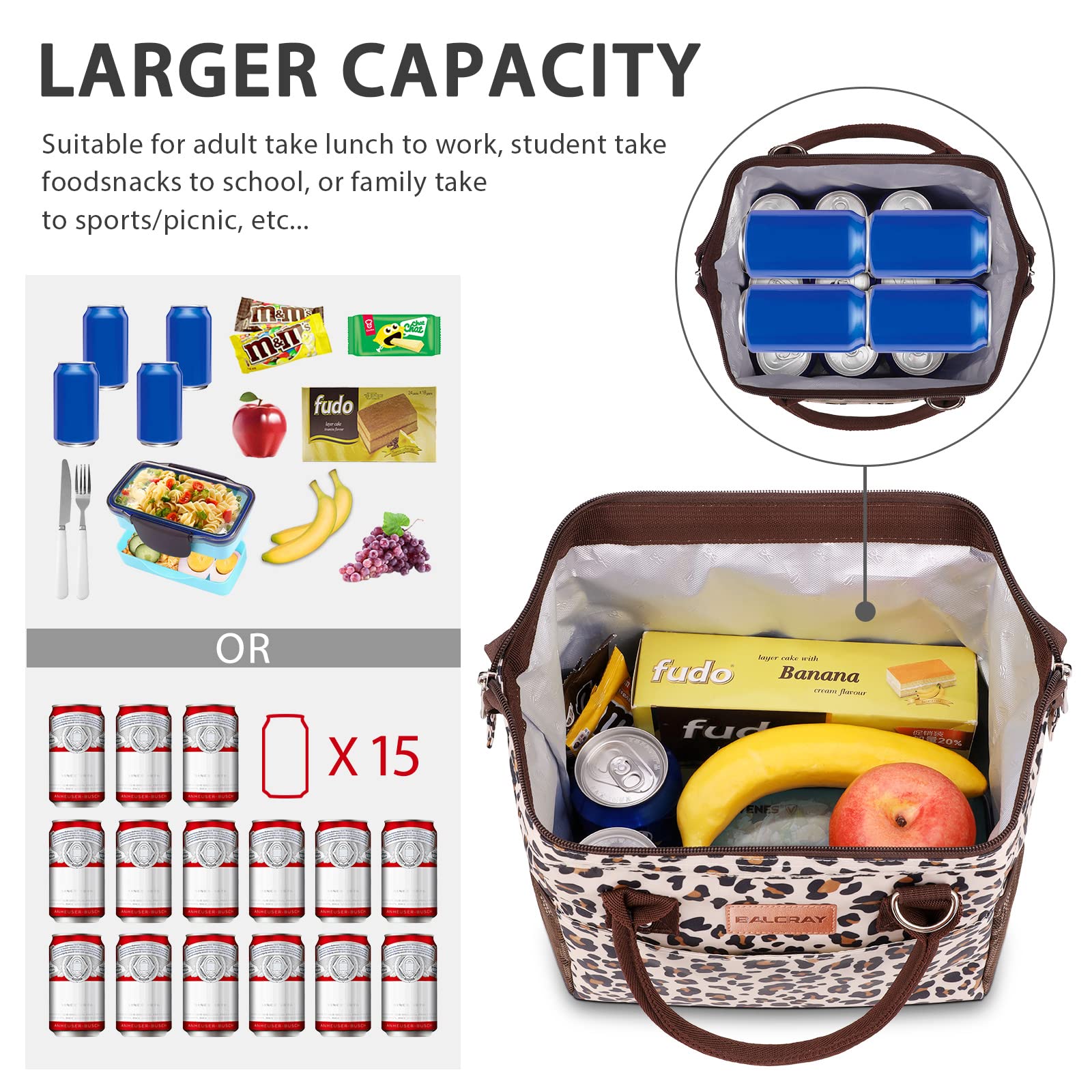 BALORAY Lunch Bag for Women Men, Large Adult Insulated Lunch Box for Office Work School Picnic Beach, Leakproof Lunch Cooler Tote Bag with Adjustable Shoulder Strap (Leopard)