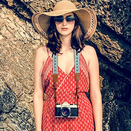 Camera Strap - 1.5" Cowhide Head Shoulder Neck Strap ,Retro Jacquard Embroidery Multi-pattern camera straps for Cameras and Binoculars,Cute Adjustable Thin Strap for Adults & Kids(Vintage White)