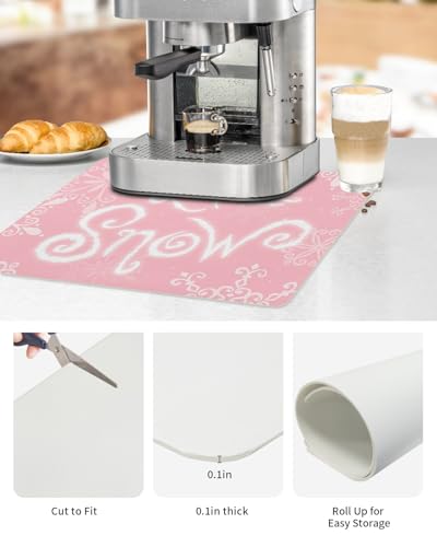 Coffee Mat for Counter, Pink Christmas Snowflakes Absorbent Hide Stain Coffee Bar Mat, Non-slip Coffee Bar Accessories Kitchen Drying Mat Fit Under Coffee Maker Espresso Machine