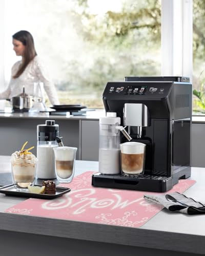 Coffee Mat for Counter, Pink Christmas Snowflakes Absorbent Hide Stain Coffee Bar Mat, Non-slip Coffee Bar Accessories Kitchen Drying Mat Fit Under Coffee Maker Espresso Machine