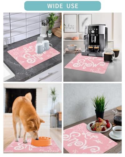 Coffee Mat for Counter, Pink Christmas Snowflakes Absorbent Hide Stain Coffee Bar Mat, Non-slip Coffee Bar Accessories Kitchen Drying Mat Fit Under Coffee Maker Espresso Machine