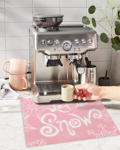 Coffee Mat for Counter, Pink Christmas Snowflakes Absorbent Hide Stain Coffee Bar Mat, Non-slip Coffee Bar Accessories Kitchen Drying Mat Fit Under Coffee Maker Espresso Machine
