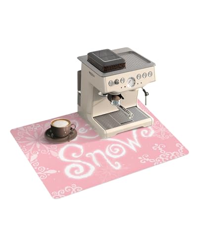 Coffee Mat for Counter, Pink Christmas Snowflakes Absorbent Hide Stain Coffee Bar Mat, Non-slip Coffee Bar Accessories Kitchen Drying Mat Fit Under Coffee Maker Espresso Machine