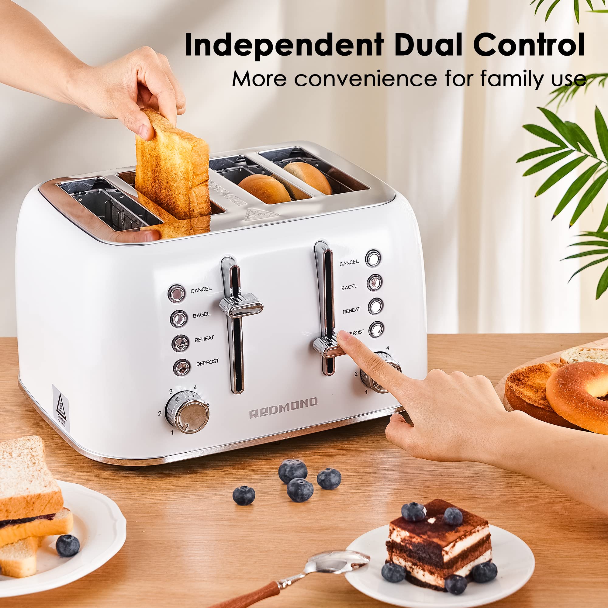 REDMOND Toaster 4 Slice, Retro Stainless Steel Toaster with Extra Wide Slots Bagel, Defrost, Reheat Function, Dual Independent Control Panel, Removable Crumb Tray, 6 Shade Settings and High Lift Lever, White, New Version