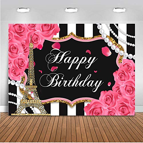Mocsicka Paris Birthday Backdrop 7x5ft Black White Stripe Pink Rose Effel Tower Happy Birthday Photo Booth Backdrops Sweet 16th Photography Studio Background