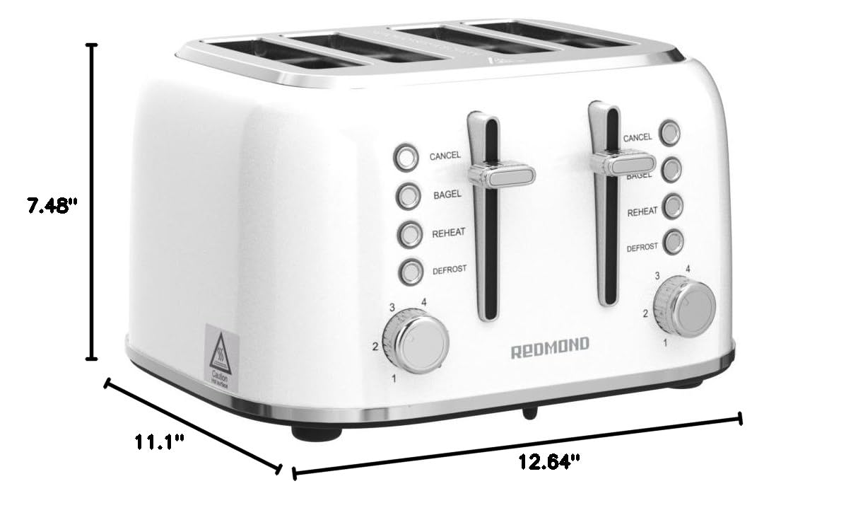 REDMOND Toaster 4 Slice, Retro Stainless Steel Toaster with Extra Wide Slots Bagel, Defrost, Reheat Function, Dual Independent Control Panel, Removable Crumb Tray, 6 Shade Settings and High Lift Lever, White, New Version