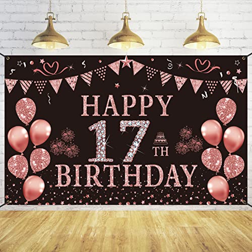 Trgowaul Happy 17th Birthday Decorations for Girls - Pink Rose Gold 17 Birthday Backdrop Banner,Seventeen Year Old Birthday Party Supply Photography Background Birthday Sign Poster Decor Gift Daughter