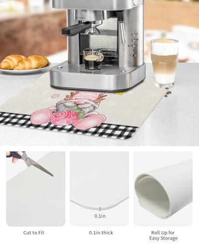Coffee Mat for Counter,Christmas Pink Gnome Snowflake Star Linen Texture Absorbent Hide Stain Coffee Bar Mat,Non-slip Coffee Bar Accessories Kitchen Drying Mat Fit Under Coffee Maker Espresso Machine