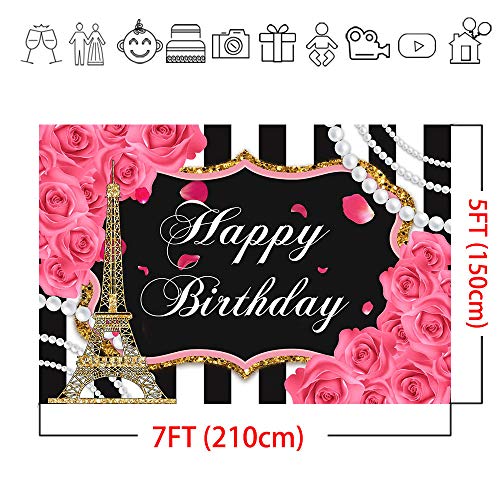 Mocsicka Paris Birthday Backdrop 7x5ft Black White Stripe Pink Rose Effel Tower Happy Birthday Photo Booth Backdrops Sweet 16th Photography Studio Background