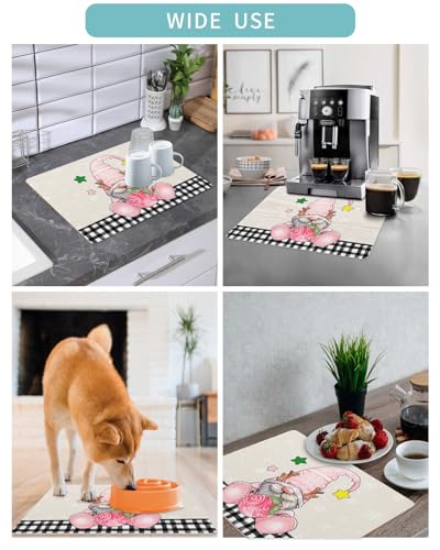 Coffee Mat for Counter,Christmas Pink Gnome Snowflake Star Linen Texture Absorbent Hide Stain Coffee Bar Mat,Non-slip Coffee Bar Accessories Kitchen Drying Mat Fit Under Coffee Maker Espresso Machine