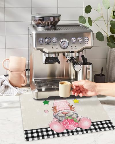 Coffee Mat for Counter,Christmas Pink Gnome Snowflake Star Linen Texture Absorbent Hide Stain Coffee Bar Mat,Non-slip Coffee Bar Accessories Kitchen Drying Mat Fit Under Coffee Maker Espresso Machine