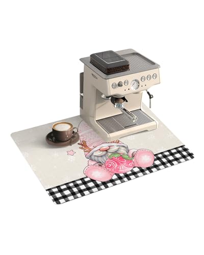 Coffee Mat for Counter,Christmas Pink Gnome Snowflake Star Linen Texture Absorbent Hide Stain Coffee Bar Mat,Non-slip Coffee Bar Accessories Kitchen Drying Mat Fit Under Coffee Maker Espresso Machine