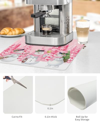 Coffee Mat for Counter,Christmas Snowman Xmas Tree Winter Snowflake Pink Absorbent Hide Stain Coffee Bar Mat,Non-slip Coffee Bar Accessories Kitchen Drying Mat Fit Under Coffee Maker Espresso Machine