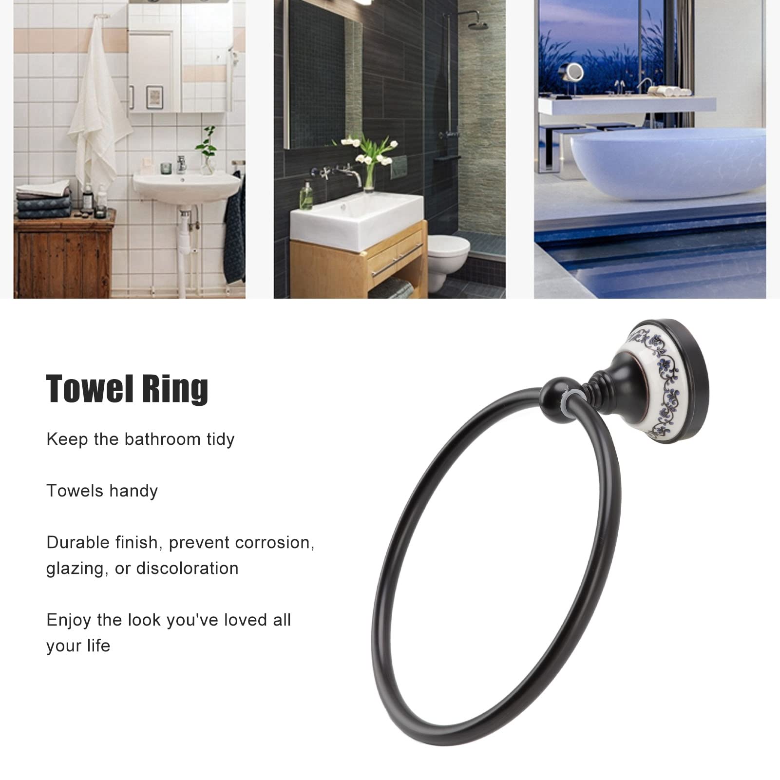 VTOSEN Towel Ring Holder in Antique Brass with Porcelain Accents,Bathroom Wall Mount for Towels and Washcloths