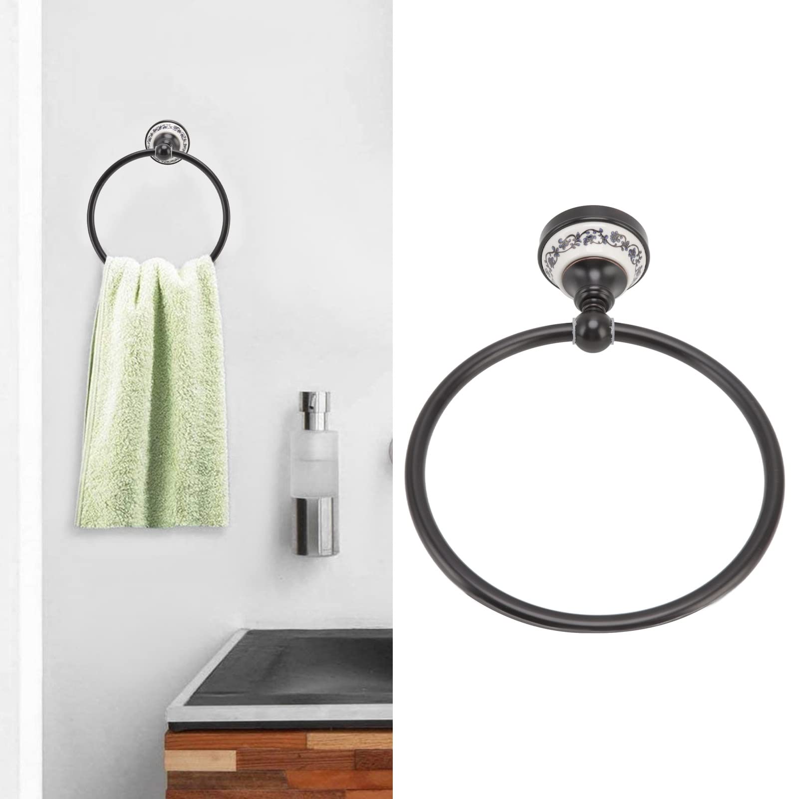 VTOSEN Towel Ring Holder in Antique Brass with Porcelain Accents,Bathroom Wall Mount for Towels and Washcloths