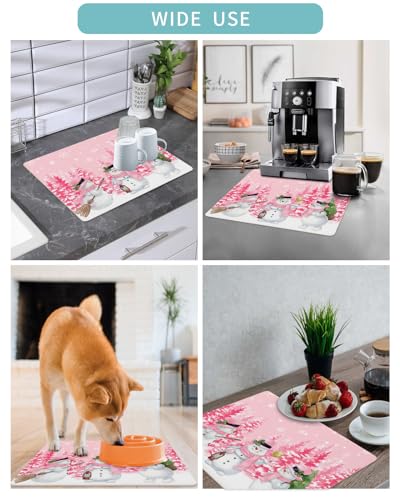 Coffee Mat for Counter,Christmas Snowman Xmas Tree Winter Snowflake Pink Absorbent Hide Stain Coffee Bar Mat,Non-slip Coffee Bar Accessories Kitchen Drying Mat Fit Under Coffee Maker Espresso Machine