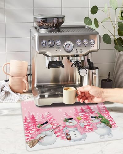 Coffee Mat for Counter,Christmas Snowman Xmas Tree Winter Snowflake Pink Absorbent Hide Stain Coffee Bar Mat,Non-slip Coffee Bar Accessories Kitchen Drying Mat Fit Under Coffee Maker Espresso Machine