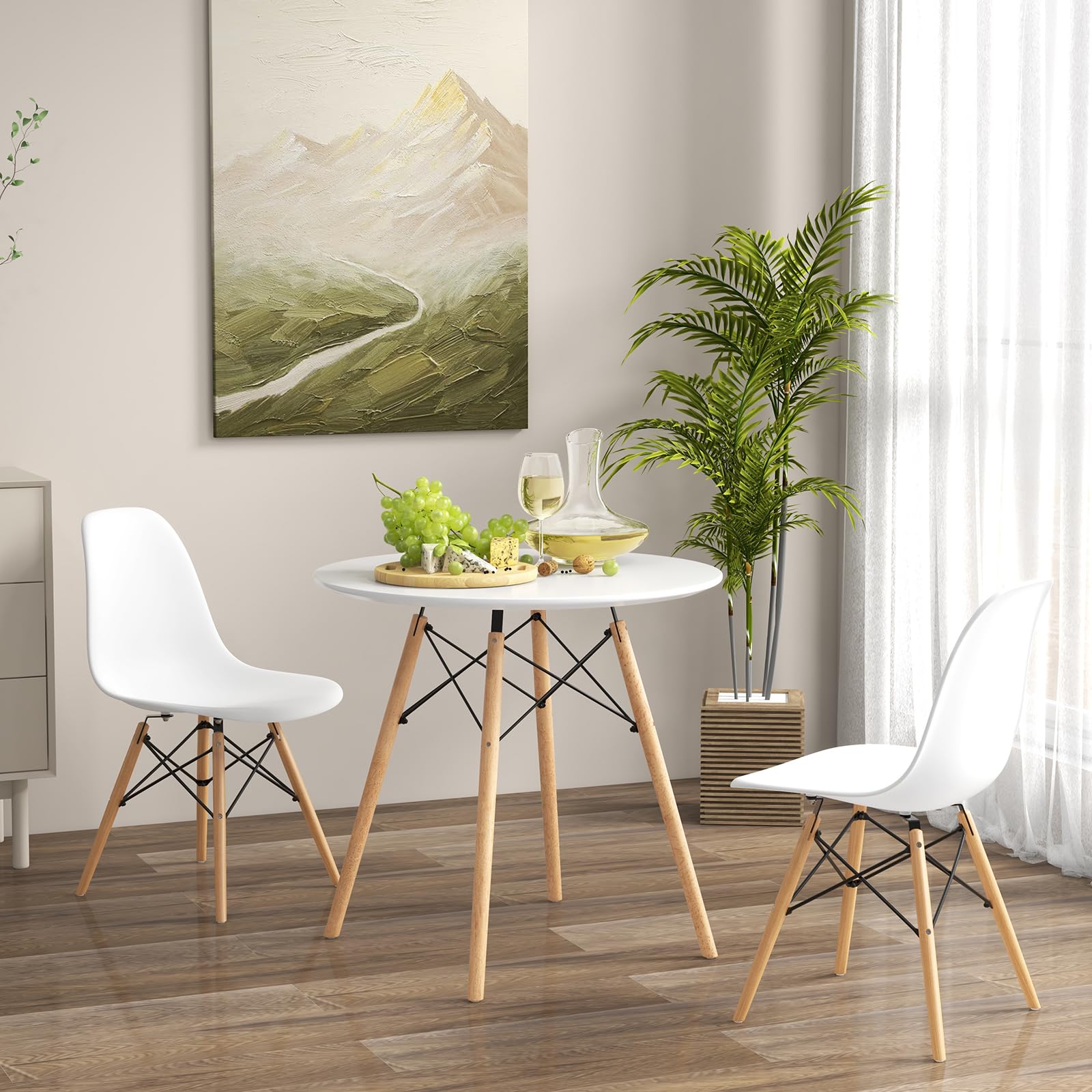 Giantex 3-Piece Dining Table Set, Modern Round 31.5" D Dining Table & 2 DSW Chairs W/Solid Wood Legs, Home Furniture Set for Small Spaces Dining Room Kitchen Restaurant, White