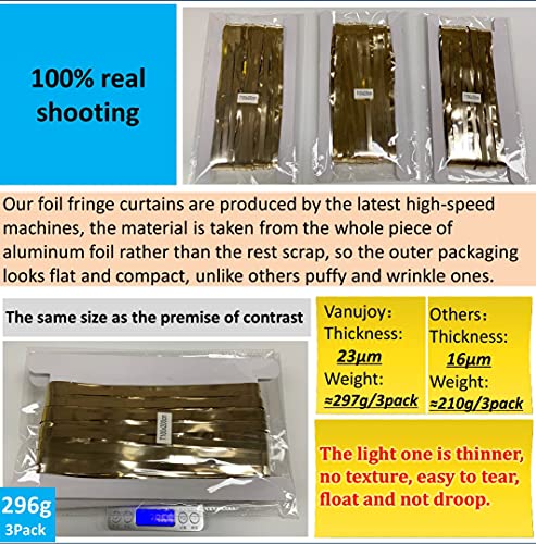 Vanujoy 3 Pack Champaign Gold 3.3ft x 6.6ft Tinsel Foil Fringe Backdrop Curtains for Birthday Anniversary Retirement Party Decorations