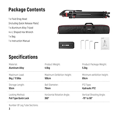 NEEWER 74" Pro Video Tripod with Fluid Head, All Metal Heavy Duty QR Plate Compatible with DJI RS Gimbals Manfrotto, Flexible 360° Pan&+90°/-75° Tilt with Adjustable Damping Max Load 18lb/8kg, TP75