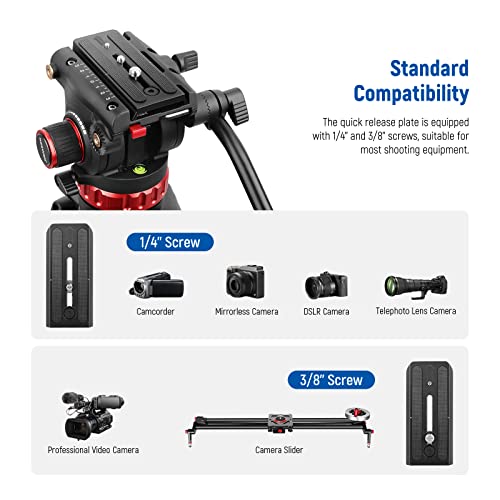 NEEWER 74" Pro Video Tripod with Fluid Head, All Metal Heavy Duty QR Plate Compatible with DJI RS Gimbals Manfrotto, Flexible 360° Pan&+90°/-75° Tilt with Adjustable Damping Max Load 18lb/8kg, TP75