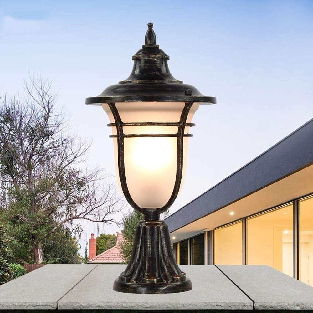 MODEBHD Glass Lantern Waterproof Column Lamp Antirust Aluminum External Patio Courtyard Retro Post Pillar Light Outside Fence Deck Table Light European Vintage Outdoor Garden Column Lamp Pillar Lamp