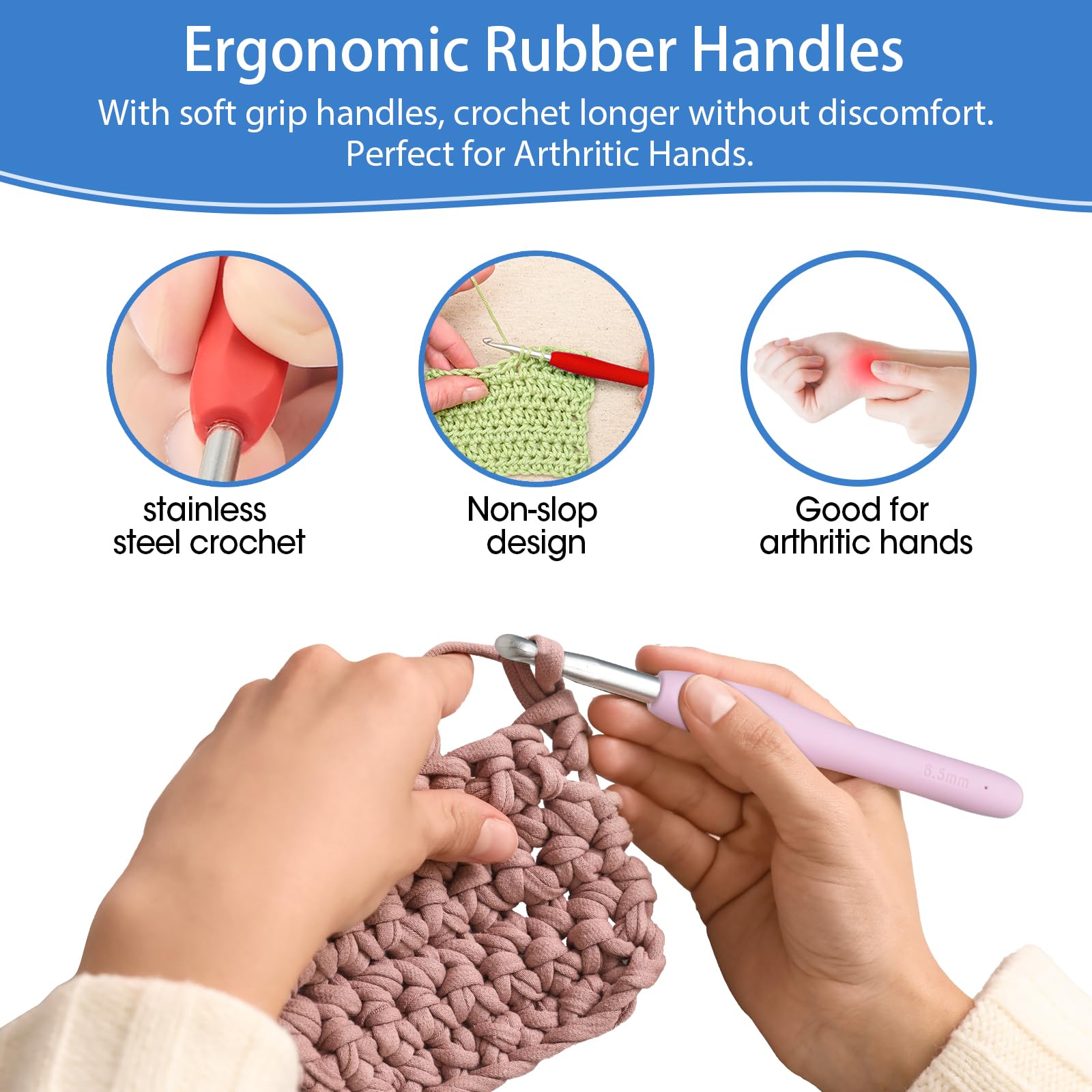 RealPlus Crochet Hooks Set, 12 Sizes Crochet Hooks Set for Arthritic Hands, Ergonomic Soft Grip Handles, Crochet Kit for Beginners, Christmas Gifts for Women, Large Crochet Needle with Blue Case
