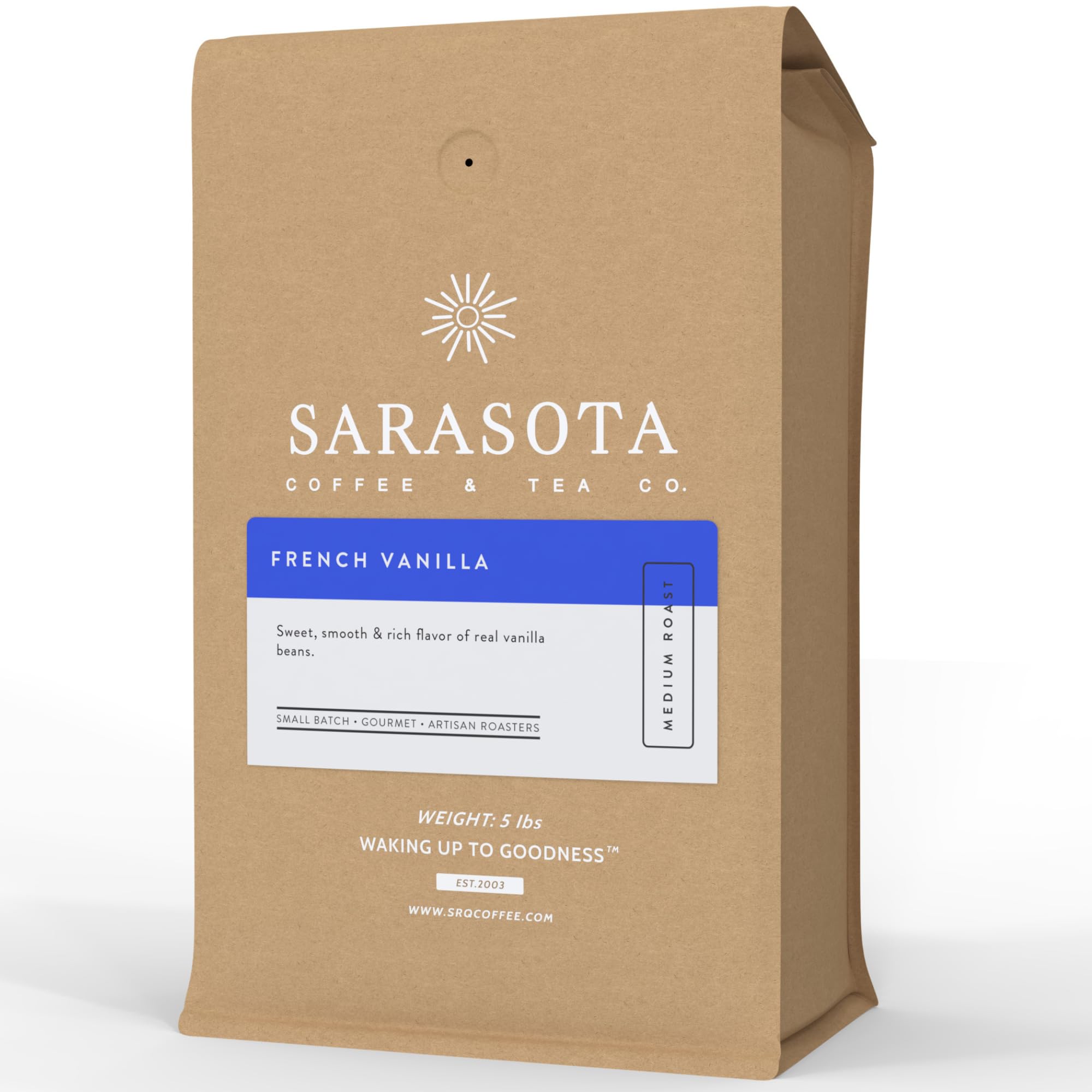 Sarasota Coffee Ground French Vanilla | Medium Roast Gourmet Flavored Coffee Grounds | Low Acid, Mold Free, Specialty Grade Flavored Bulk Ground Coffee | 5lb (80 oz)