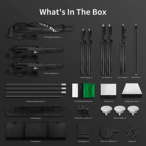 RaLeno Photography Lighting Kit, 2.6m x 3m Background Support System with 3 x 85W 5500K LED Bulbs Softbox and 2-in-1 Reflector, Continuous Softbox Light for Photo Video Shooting
