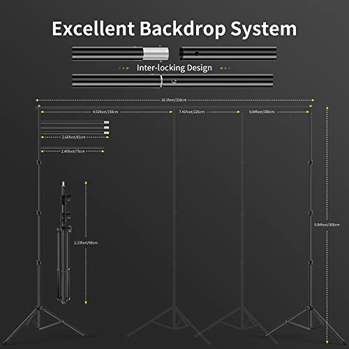 RaLeno Photography Lighting Kit, 2.6m x 3m Background Support System with 3 x 85W 5500K LED Bulbs Softbox and 2-in-1 Reflector, Continuous Softbox Light for Photo Video Shooting