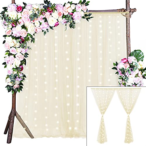 Champagne Tulle Backdrop Curtain with Lights String for Parites Wedding Sheer Backdrop Curtains for Bridal Shower Baby Shower Birthday Party Photo Shoot Background Wall Decorations 2 Panels 5×8ft