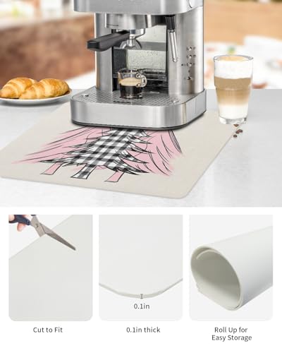 Coffee Mat for Counter, Pink and Black White Plaid Christmas Tree Absorbent Hide Stain Coffee Bar Mat, Non-slip Coffee Bar Accessories Kitchen Drying Mat Fit Under Coffee Maker Espresso Machine