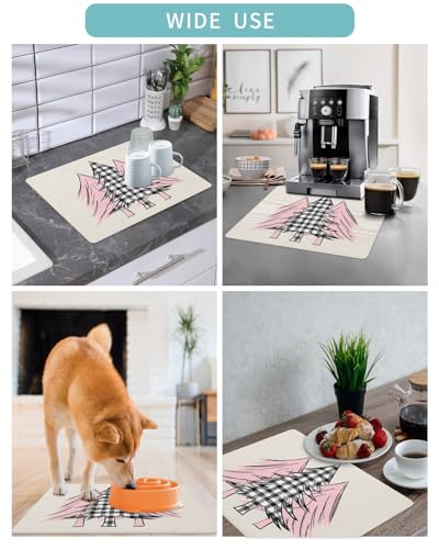 Coffee Mat for Counter, Pink and Black White Plaid Christmas Tree Absorbent Hide Stain Coffee Bar Mat, Non-slip Coffee Bar Accessories Kitchen Drying Mat Fit Under Coffee Maker Espresso Machine