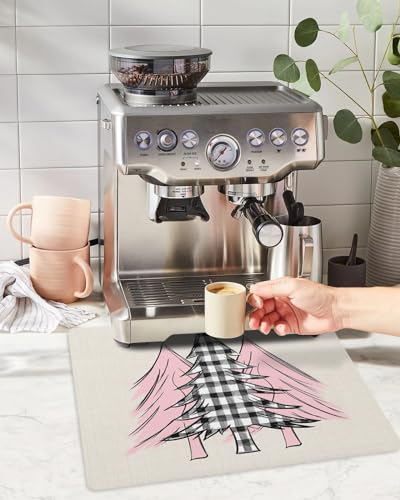 Coffee Mat for Counter, Pink and Black White Plaid Christmas Tree Absorbent Hide Stain Coffee Bar Mat, Non-slip Coffee Bar Accessories Kitchen Drying Mat Fit Under Coffee Maker Espresso Machine