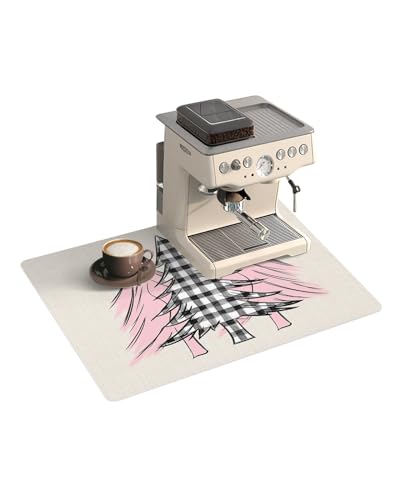 Coffee Mat for Counter, Pink and Black White Plaid Christmas Tree Absorbent Hide Stain Coffee Bar Mat, Non-slip Coffee Bar Accessories Kitchen Drying Mat Fit Under Coffee Maker Espresso Machine