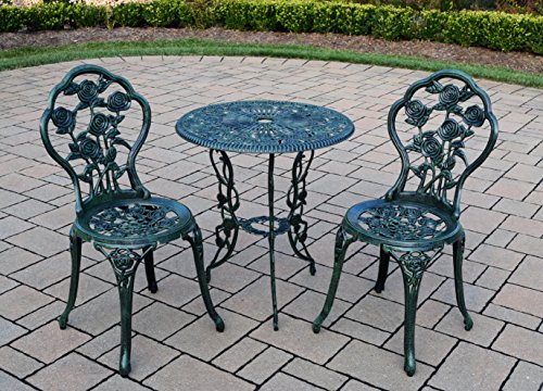 Oakland Living Cast Aluminum Conversation Metal Antique 3 Piece Patio Rose Bistro Set, Verdi Green