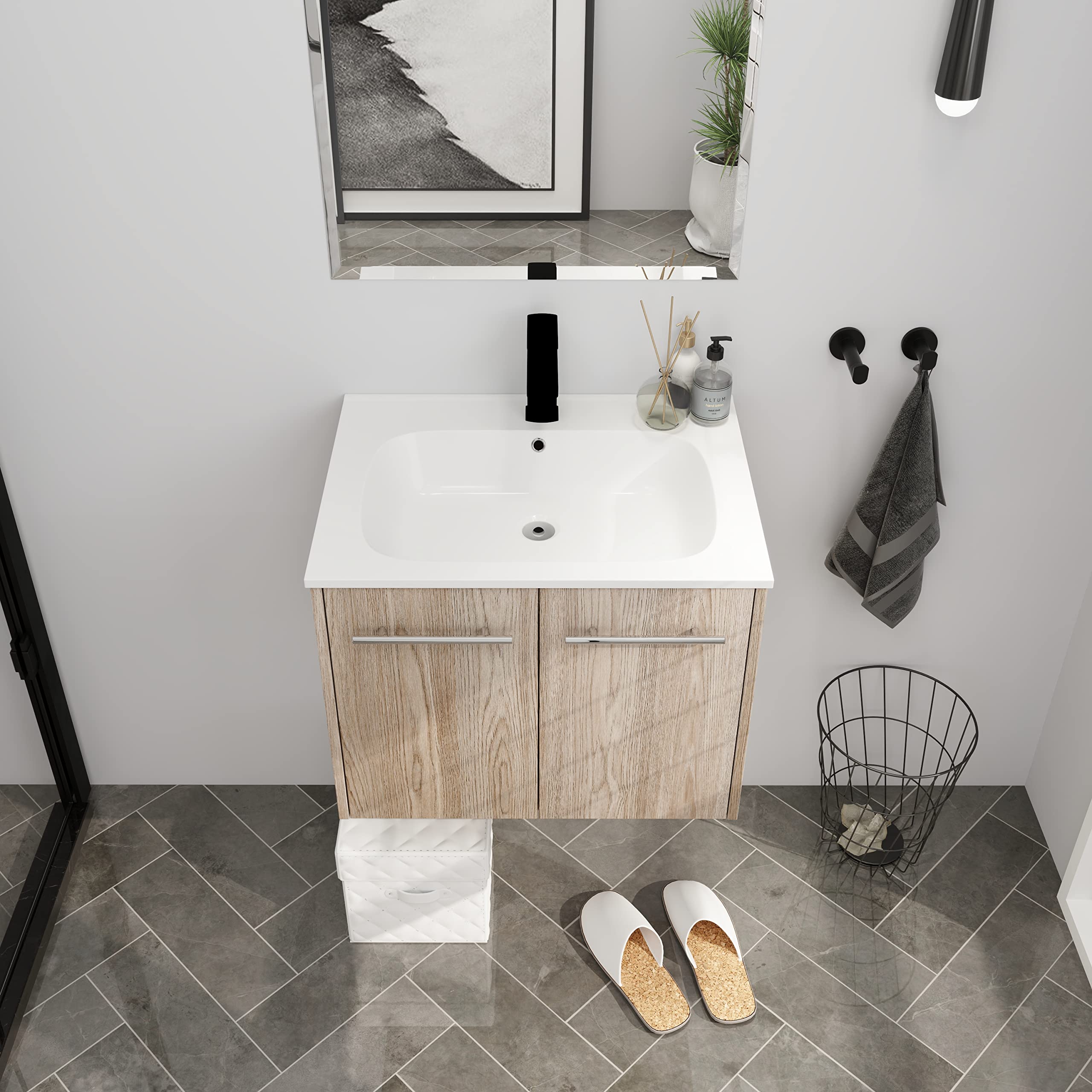 KFHSE 24 Inch Modern Set,Wall Mounted Bathroom Vanity Sink Combo with Top Basin & Soft Closing Door,Storage Wood Hanging Bath Cabinet for Small Space,White Oak