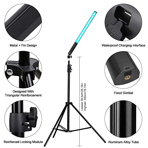 RGB Handheld LED Video Light, Wand Stick Photography Light 9 Colors with 26.2" to 78.7" Tripod & Remote Control, Adjustable 3200K-5600K [Upgraded]