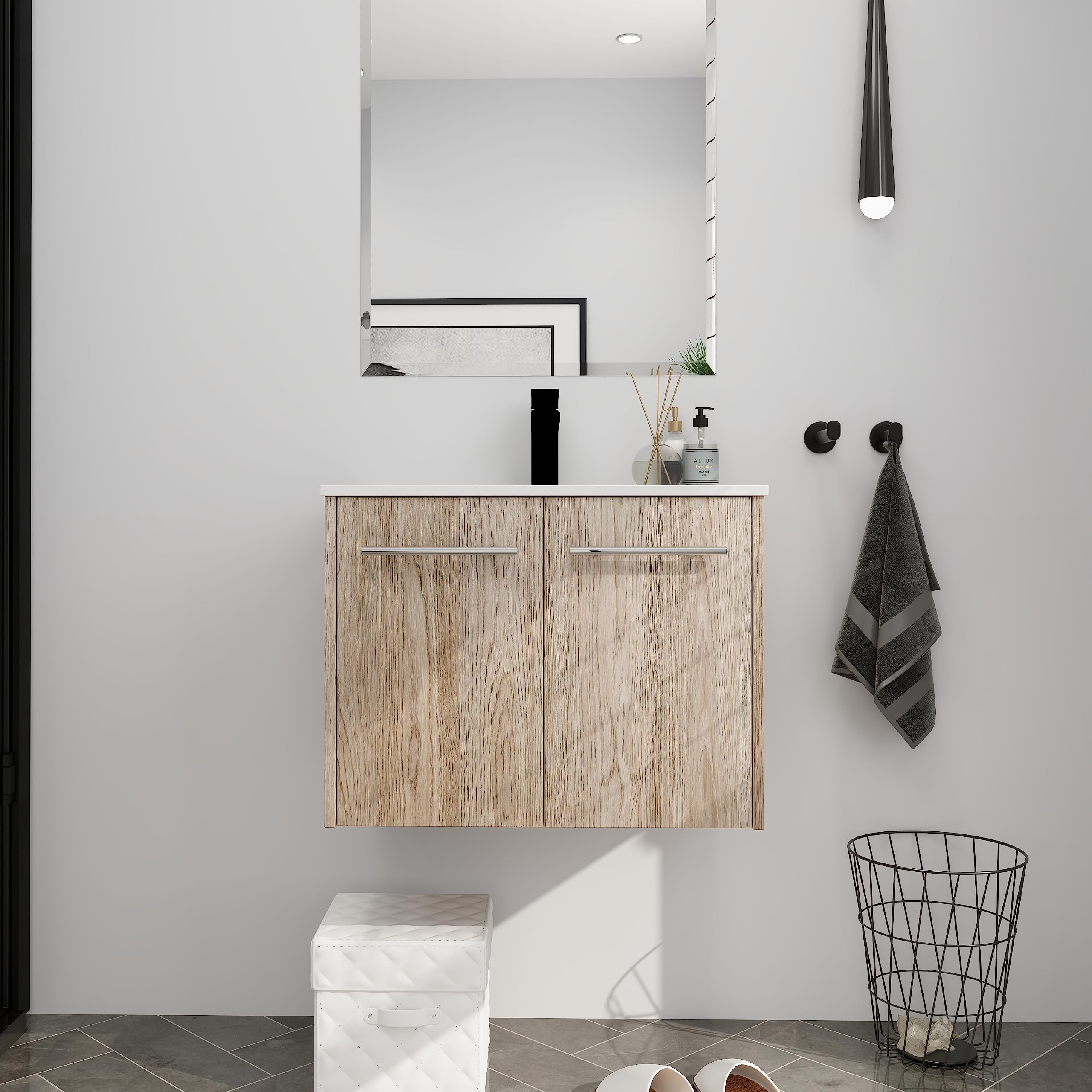 KFHSE 24 Inch Modern Set,Wall Mounted Bathroom Vanity Sink Combo with Top Basin & Soft Closing Door,Storage Wood Hanging Bath Cabinet for Small Space,White Oak