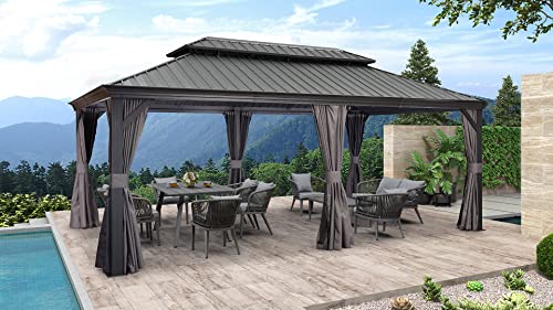 PURPLE LEAF 12' X 20' Permanent Hardtop Gazebo Aluminum Gazebo with Galvanized Steel Double Roof for Patio Lawn and Garden, Curtains and Netting Included, Grey