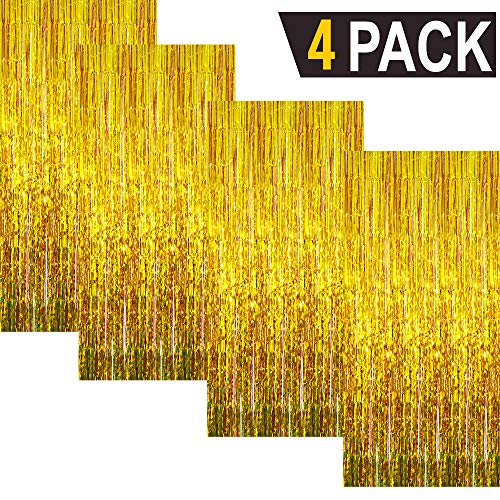 GOER 3.2 ft x 9.8 ft Metallic Tinsel Foil Fringe Curtains Party Photo Backdrop Party Streamers for Birthday,Graduation,New Year Eve Decorations Wedding Decor (4 Packs,Gold)
