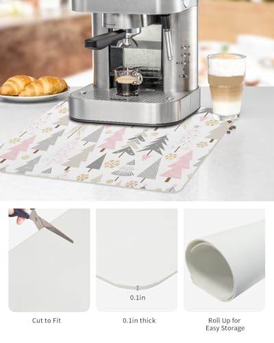 Coffee Mat for Counter,Merry Christmas Xmas Tree Snowflake Texture Pink Absorbent Hide Stain Coffee Bar Mat,Non-slip Coffee Bar Accessories Kitchen Drying Mat Fit Under Coffee Maker Espresso Machine